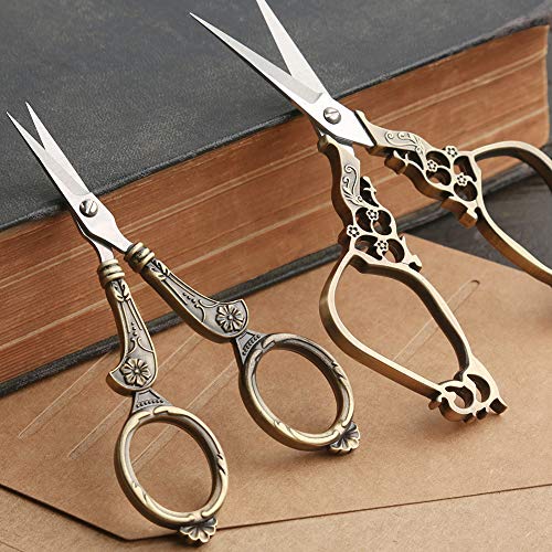 3 Pairs Vintage European Style Stainless Steel Precision Scissors, Thimble and Metal Floss Bobbin, Complete Vintage Sewing Tools for Embroidery, Sewing, Craft, Art Work, Cutting(Bronze）