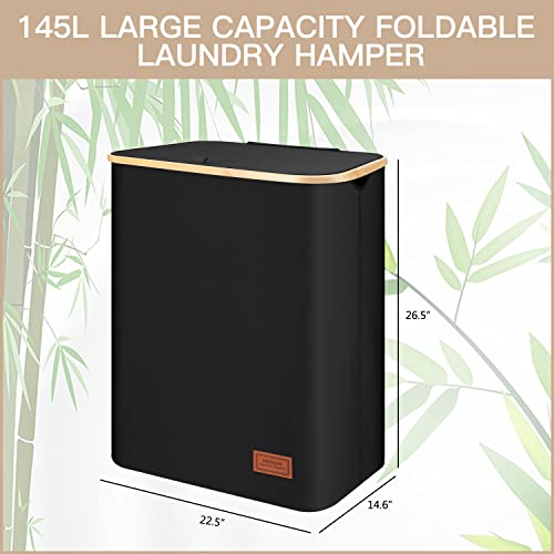 145L XXX-Large Laundry Hamper with Lid โ DOFASAYI Foldable Laundry basket with Bamboo Handles, Grey Dirty Clothes Hamper for Bathroom, Bedroom, Room, Closet, Hampers for Laundry, Toys, Clothing, Black