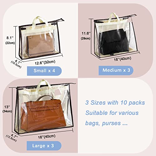 10-Pack Dust Bags for Handbags, Clear Handbag Storage Organizer for Closet, Purse Dust Bags Cover for Storage with Sturdy Bottom,Hanging Closet Organizer with Zipper Handles (10 Pack Beige)