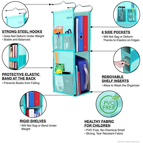 ABRA Company 2 Shelf Hanging Locker Organizer for School, Gym, Work, Storage - Upgraded Eco-Friendly Fabric Healthy for Children (Ocean Turquoise)