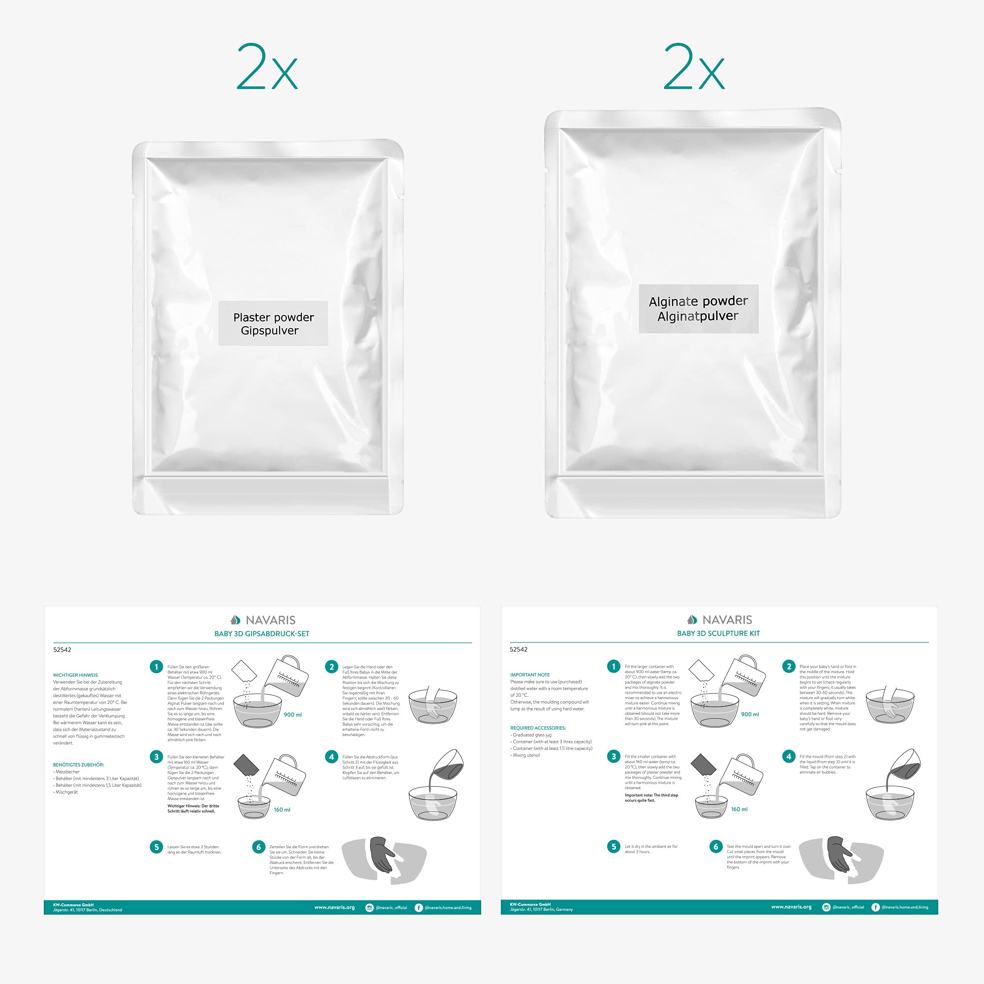 Navaris Baby Hand and Foot Casting Kit - Molding and Plaster Materials for 3D Casts - Includes 2 Packs Alginate Powder and 2 Packs Plaster Powder