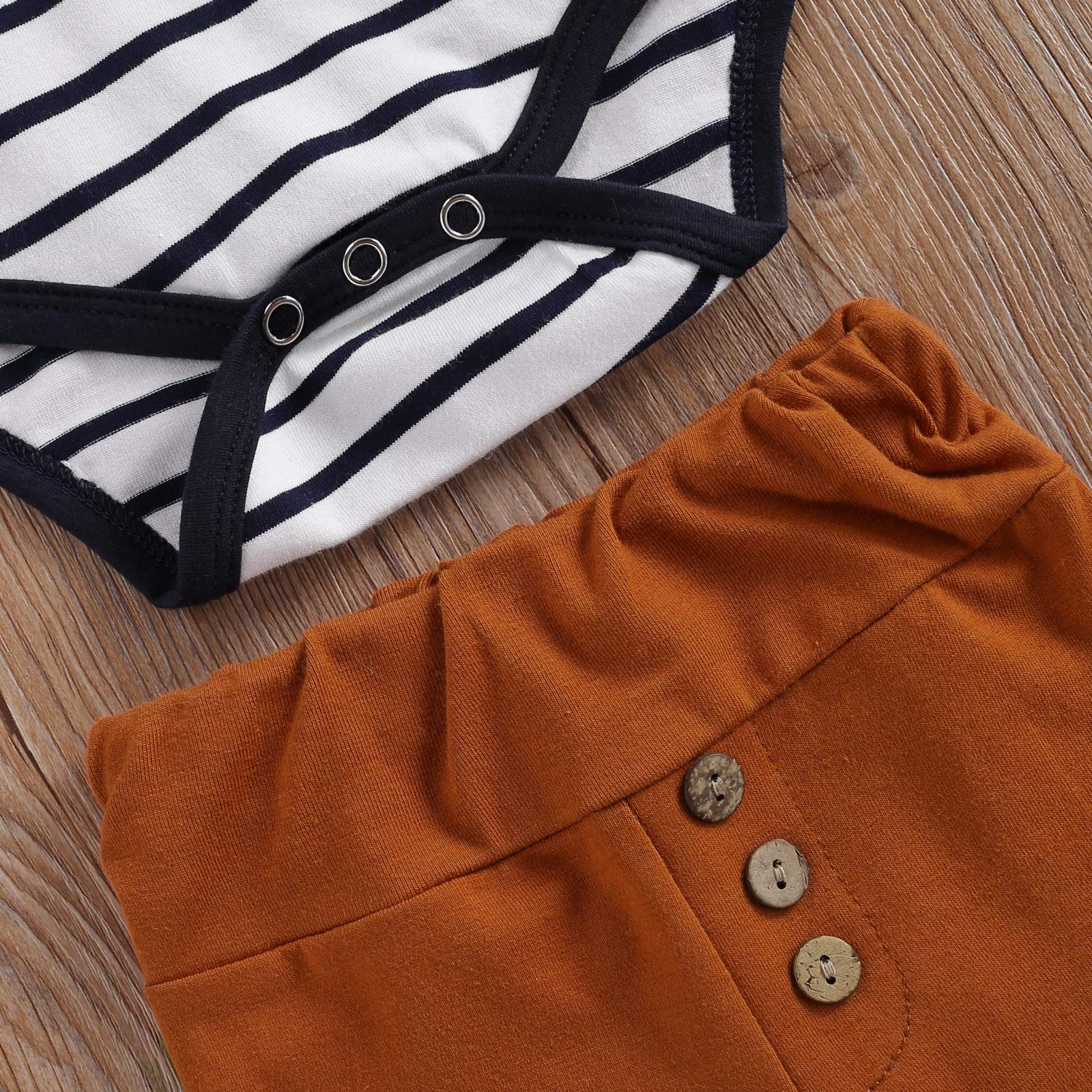 2Pcs/Set Newborn Baby Boys Outfit Long Sleeve Striped Bodysuit Romper Solid Pants Fall Winter Clothes (Khaki, 0-3 Months)