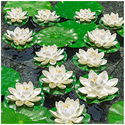 16Pcs Artificial Floating Pool Flowers, Ivory White Plastic Lotus Flower with Water Lily Pads, Pond Pool Lotus Ornaments for Patio Garden Aquarium Home Party Wedding Decor