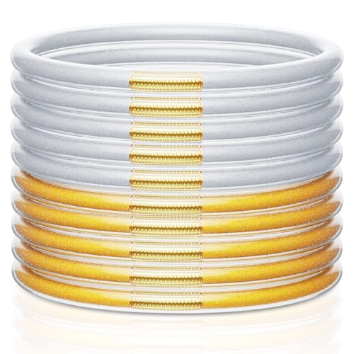10 Pack Silver Elegant Soft Silicone Glitter Filled Jelly Bracelet Idea Gift for Ladies(5 Gold, 5 Silver)