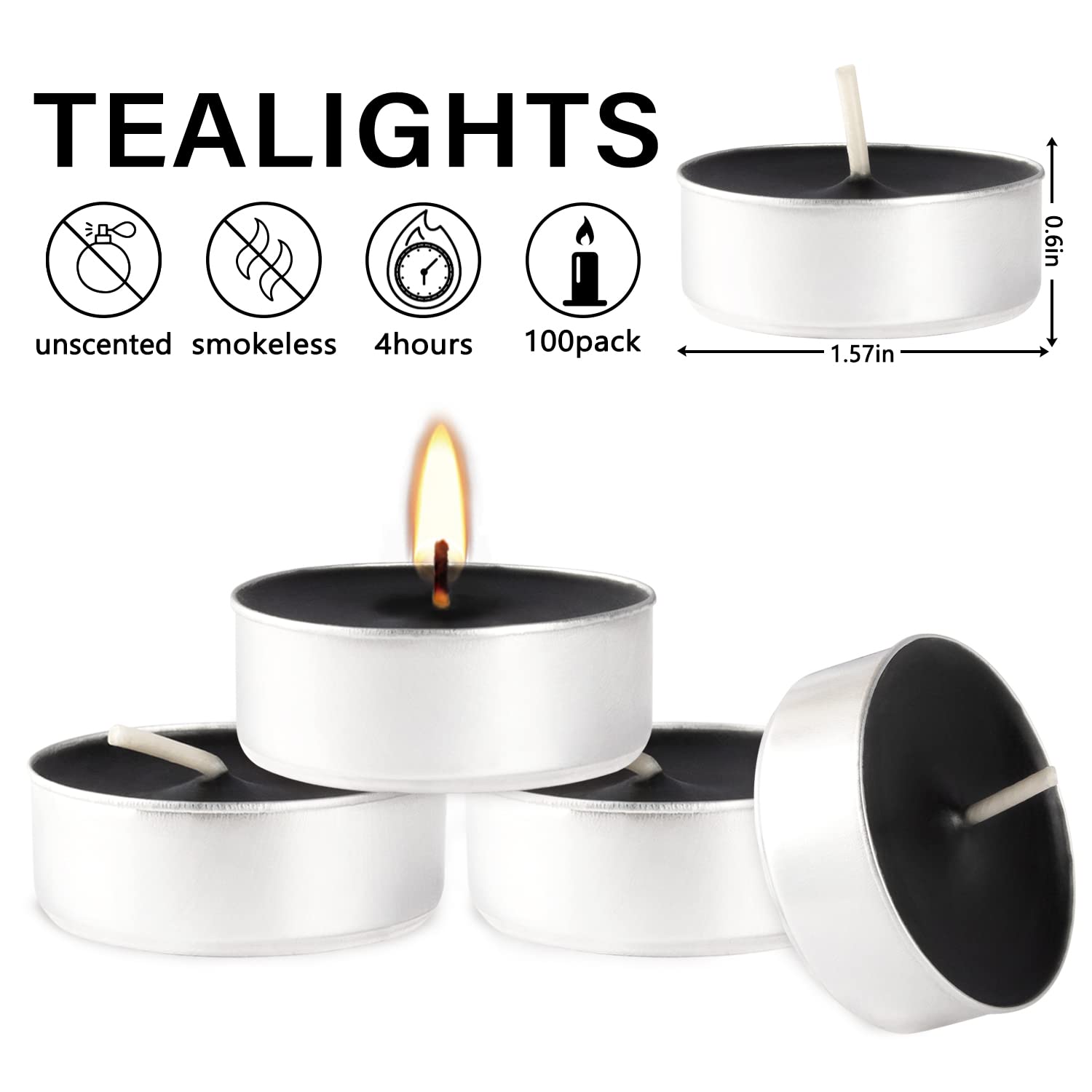 100 psc Tealight Candles,Dripless Unscented Black Votive Candle,for Home,Pool,Shabbat,Christmas,Emergency,4 Hour