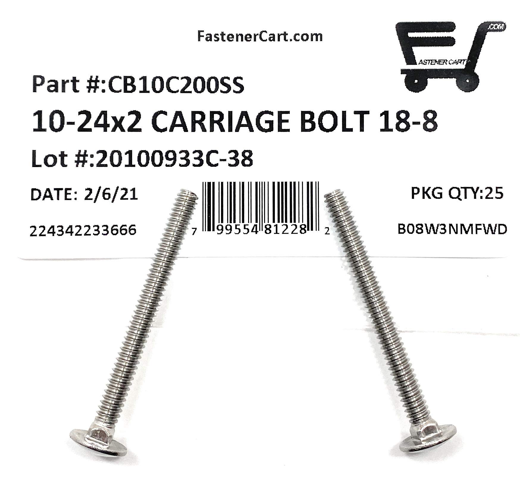 10-24x2 Carriage Bolts Stainless Steel 18-8 (25 Pieces)