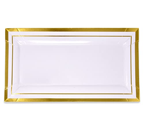 10 White Rectangle Trays with Gold Rim Border for Elegant Dessert Table Serving Parties 14" X 7.5" Heavy Duty Disposable Paper Cardboard for Platters Cupcake Display Birthday Party Weddings Food Safe