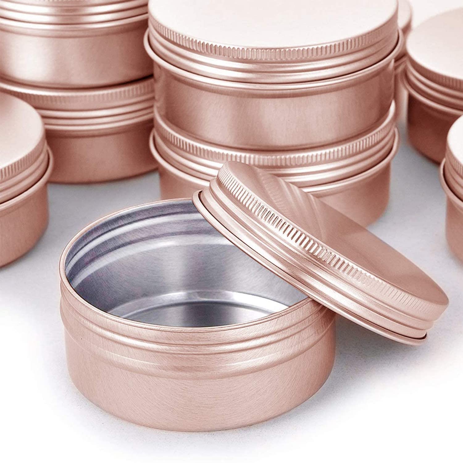 2 oz Aluminum Tin Jar with Screw Cap Refillable Container for Cosmetic, Lip Balm, Cream, Rose Gold 12 Pcs.