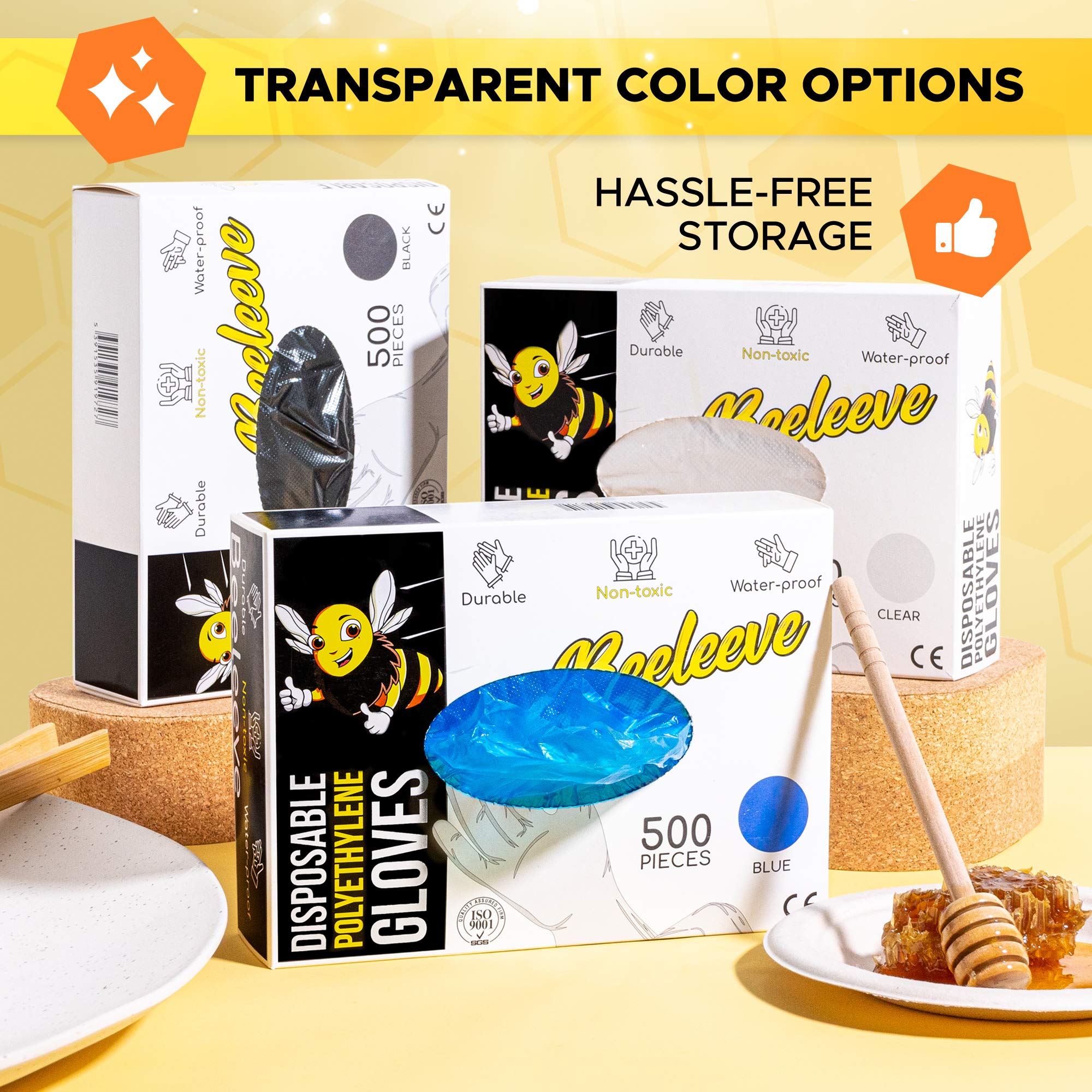 Beeleeve [500-Box Disposable Plastic Poly Gloves - One Size Fits Most - Color Variants - Single-Use Hand Covers for Food Safe Handling, Preparation, Kitchen, Cooking, Waterproof, Bulk (b - Blue)