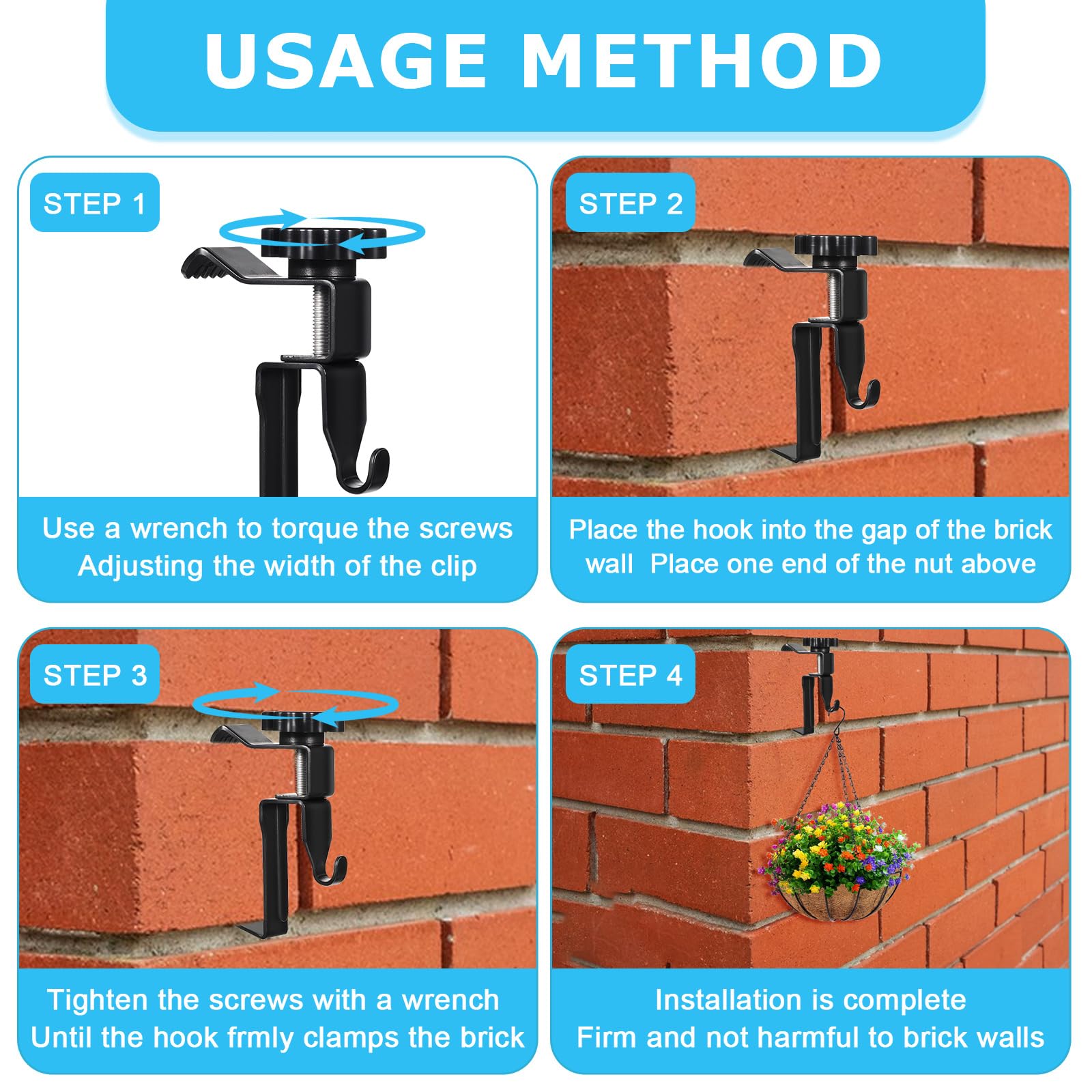 10 Pcs Brick Wall Clips, Stainless Steel Brick Hooks Clamps, Brick Hangers Clips for Hanging Outdoor, 1.77-2.95 Inches Adjustable Brick Hangers Clamps, Brick Hook Brick Hangers No Drill