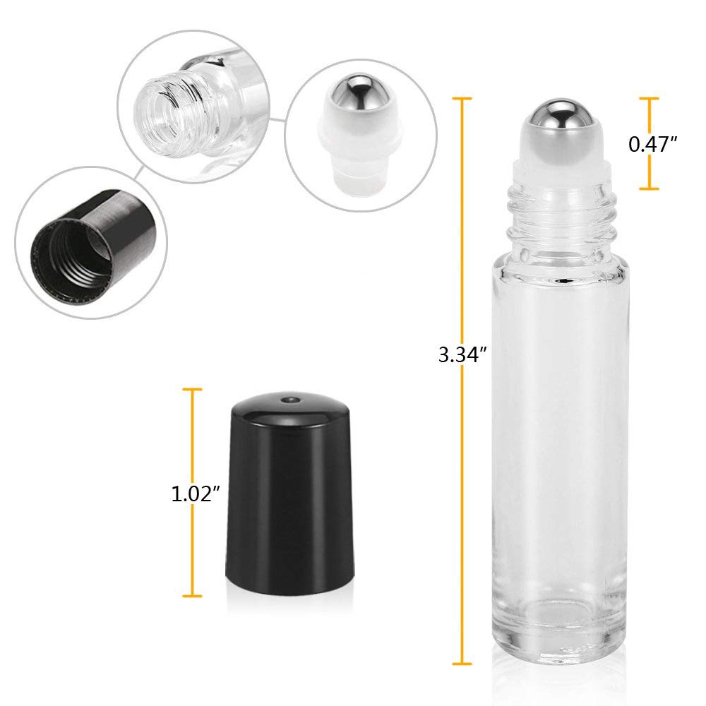 Essential Oil Roller Bottles 63 Pack 10ML Glass Roller Bottle Amber For Essential Oil (4 Opener,6 Pipettes, 4 Funnels,192 Label) (Clear)