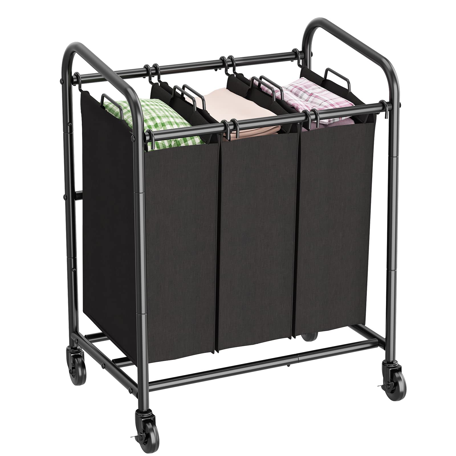 Wisdom Star 3 Bag Laundry Sorter Cart, Laundry Hamper Sorter with Heavy Duty Rolling Wheels and Removable Bags for Clothes Storage,Laundry Organizer Laundry Basket Laundry Clothes Hamper, Black