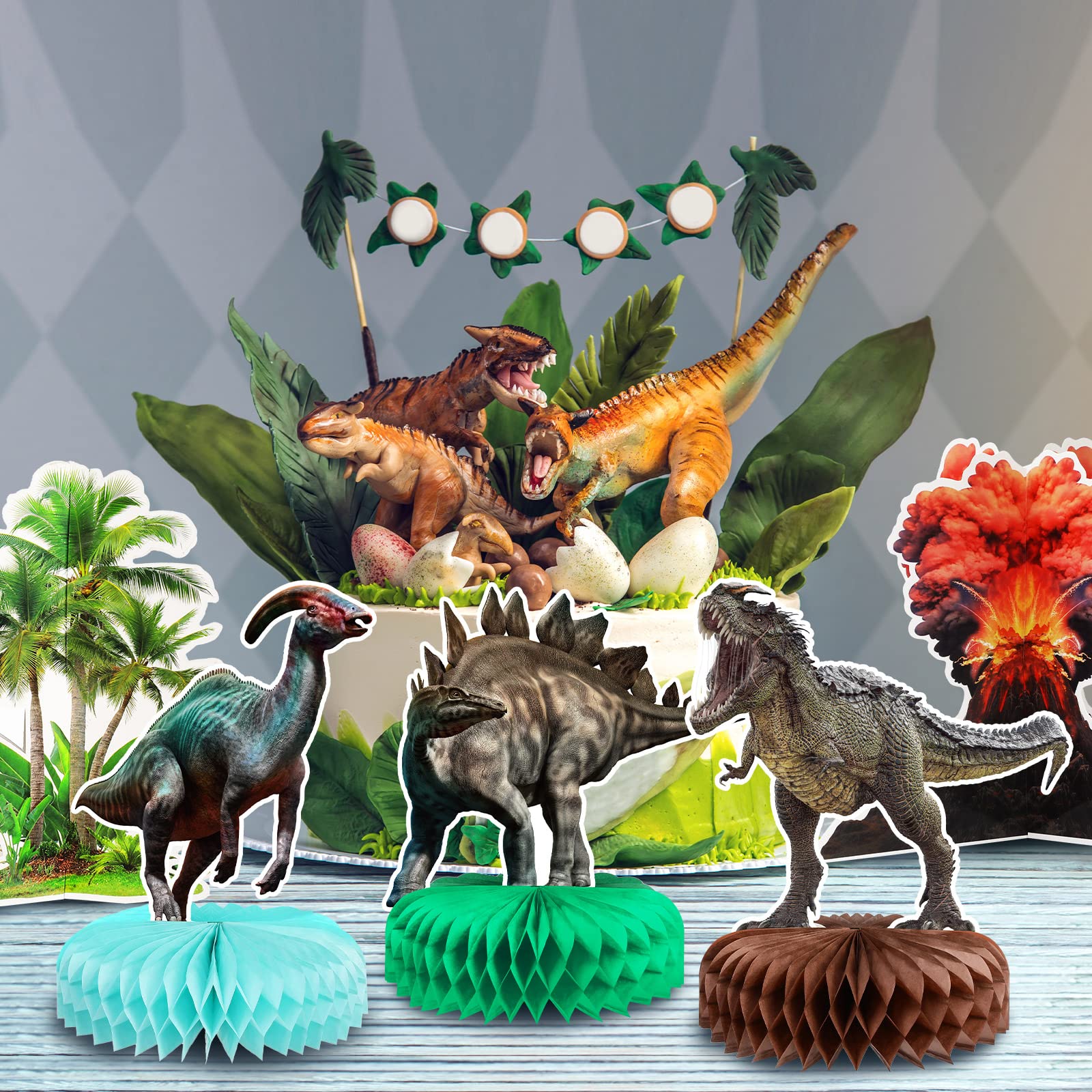 10 Pcs Dinosaur Centerpieces For Birthday Party 3D Dino Honeycomb Table Decorations Safari Jungle Animal Theme Baby Shower Table Paper Topper Stand Decor For Boys Girls Kids