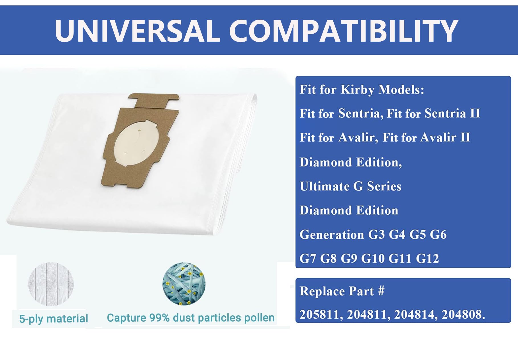 10-Pack Compatible with Kirby vacuum bag Fit for Sentria Fit for Avalir Ultimate G All Generations & Models Part 205811 204811 204814 204808