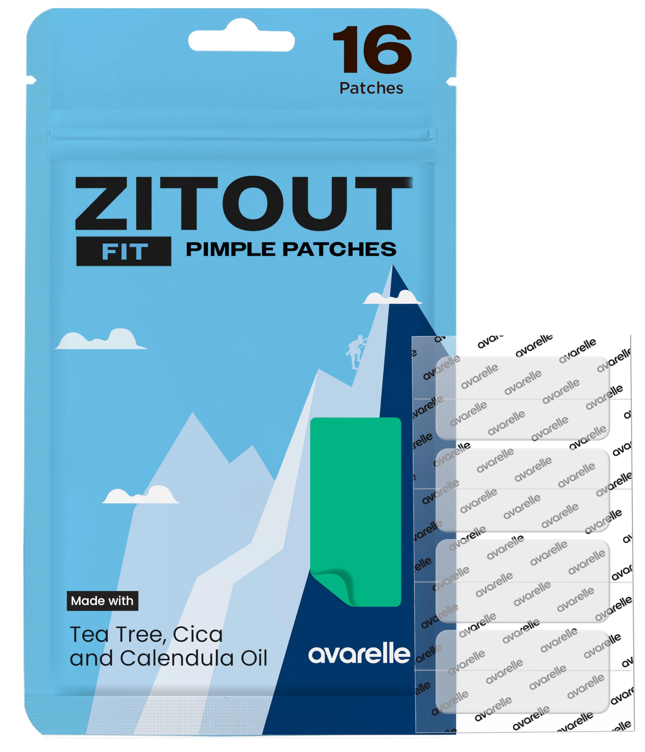 AVARELLE ZITOUT Large Hydrocolloid Pimple Strips (16 Patches) | Vegan Nose Patches for Pores Tea Tree | Chin Acne Patches for Face | Hydrocolloid Bandages for Acne | FSA & HSA Acne Treatment