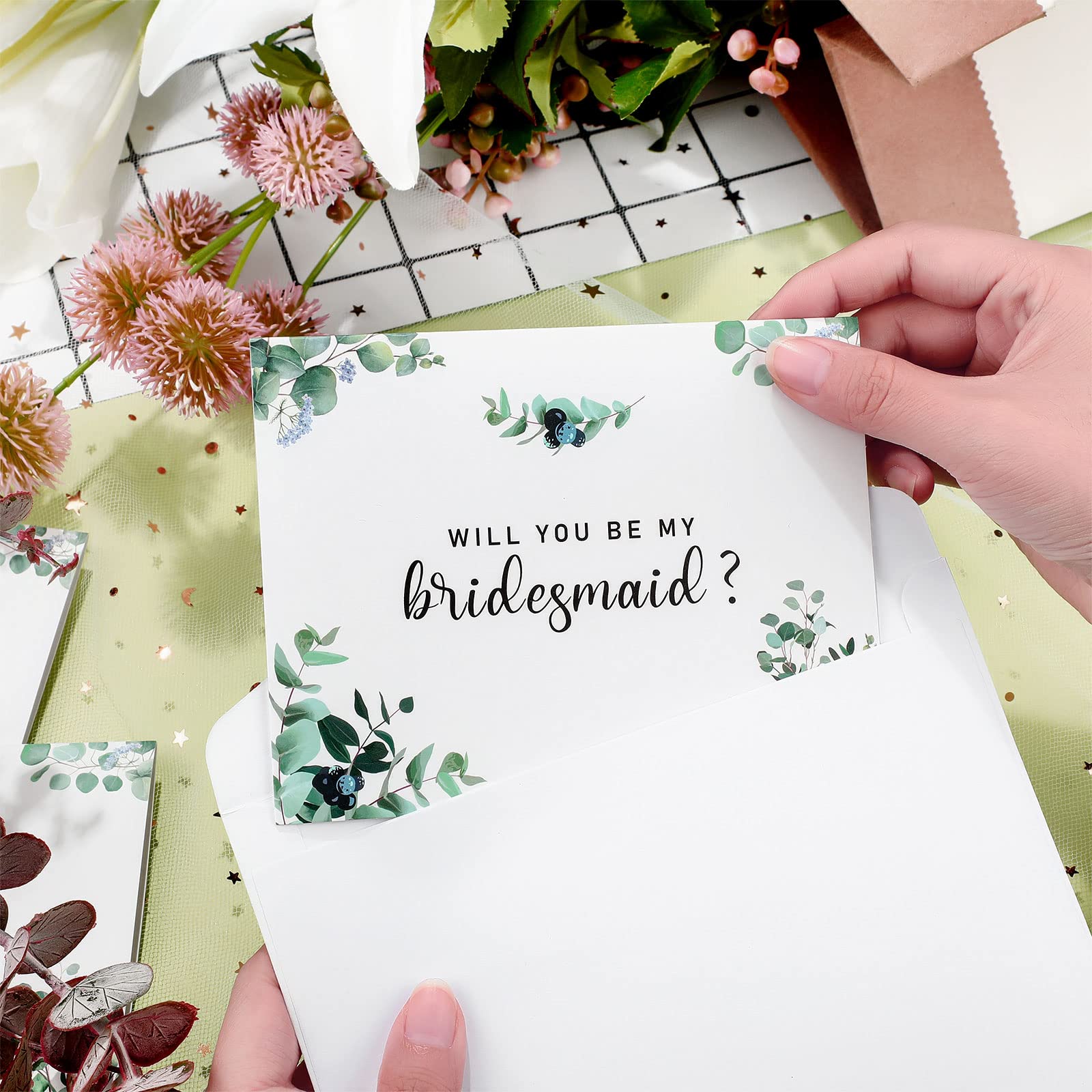 10 Packs Will You Be My Bridesmaid Cards Boho Bridesmaid Proposal Cards Greenery Maid of Honor Greeting Card Bridesmaid Asking Gifts with Envelopes for Wedding Party (Eucalyptus)