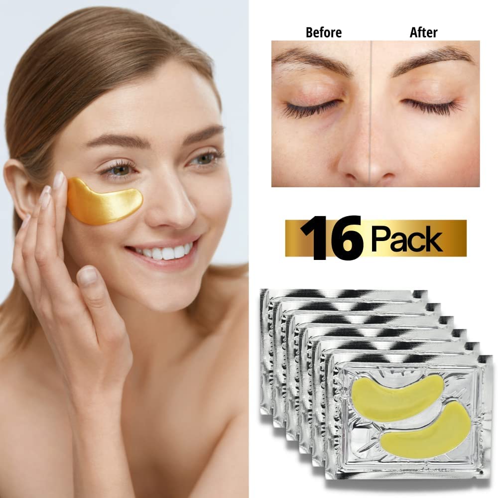 24K Gold Under Eye Patches, Eye Mask,Eye Patches for Puffy Eyes and Dark Circles, Eye Masks Skincare (16 Pair (Pack of 1))