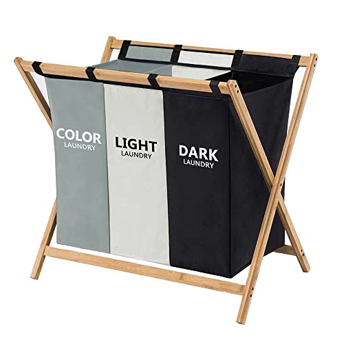 3-bag Laundry Cloth Hamper Sorter, 143l Laundry Organizer Cart,storage Laundry Bag for Dirty Clothes Bag-everyday Use, Bathroom, Bedroom,foldable 3 Sections with Wood Frame 29" X 25" X 18"
