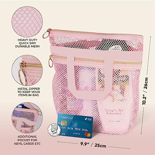2 PCS Mesh Quick Dry Shower Caddy Bag, 10.2x9.9''Portable Shower Hanging Toiletry With Zipper, Shower Tote Bag For College Dorm Essentials, Shower Caddy Dorm For Travel Camp Gym Swim (Pink)