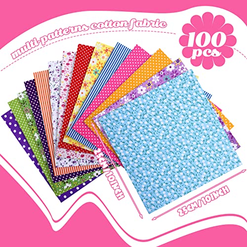 100 Pcs Cotton Fabric Square Patchwork Fabrics Craft Fabric Scraps Cotton Quilting Fat Flower Animals Cartoon Fabric Bundles Patchwork for Kids DIY Craft Sewing Cloths (10 Inch)