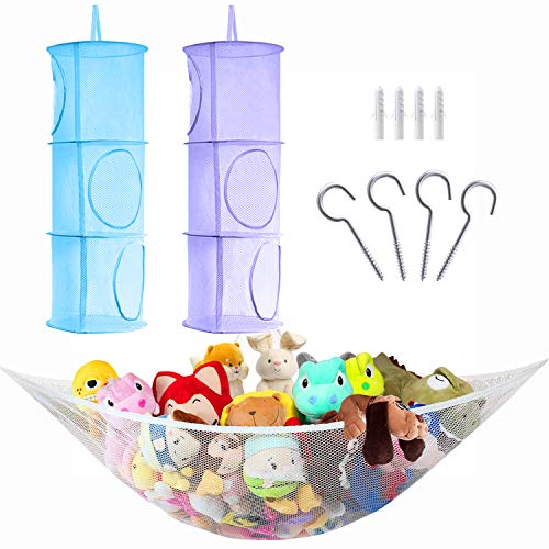 2 Pcs Hanging Mesh Storage Basket with 1 Stuffed Animals Toy Net Hammock, Hommtina Foldable Corner Organizer 3 Tier, Neatly Organize Kid’s Plush Toys and Save Space (Blue+Purple)