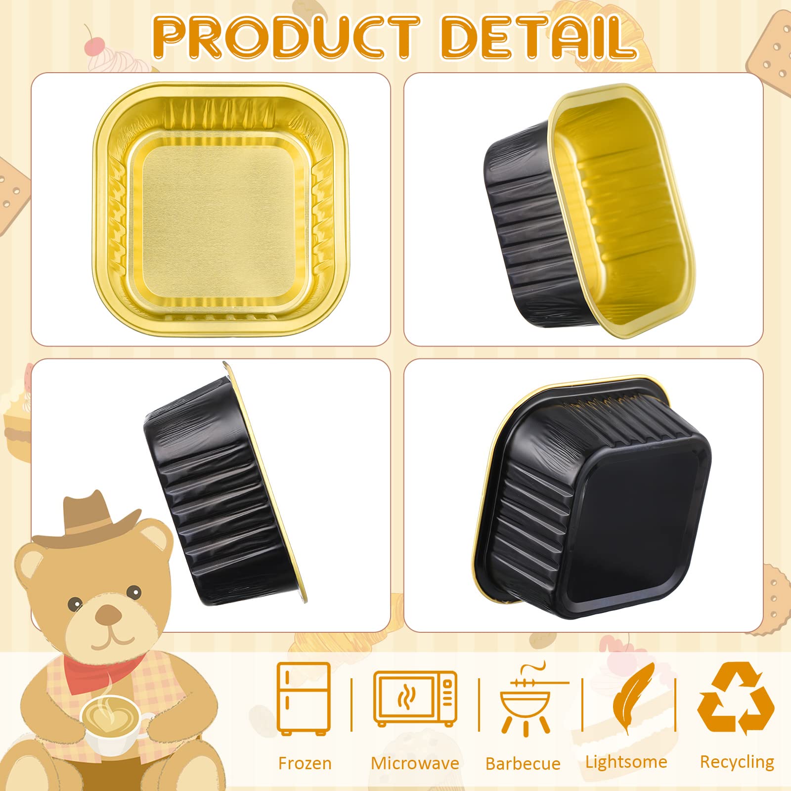 100 Pcs Cupcake Liners with Lids,5 oz Disposable Square Cupcake Pans with Plastic Aluminum Foil Mini Cake Pans for Dessert Bread for Party Wedding Birthday Kitchen (Silver,5 oz) (Black Gold,5 oz)