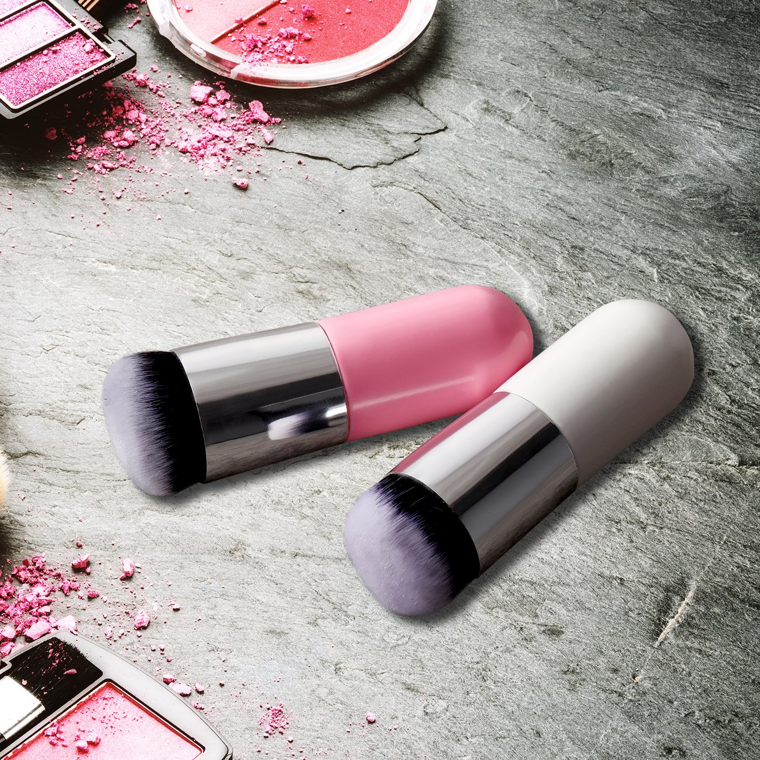2 Pieces Foundation Brush Chubby Makeup Brush Kabuki Makeup Brush Travel Powder Brush for Blending Liquid, Cream or Powder Cosmetics (white and rose gold, pink and silver)