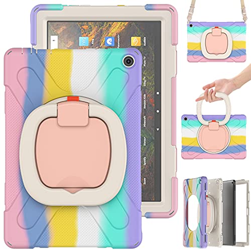KENOBEE All-New Fire HD 10 & Fire HD 10 Plus Tablet (10.1", 11th Generation, 2021) Case, 360 Rotating Stand Multi-Functional Grip Rugged Heavy Duty Shockproof Protective Kickstand Cover,Rainbow Pink