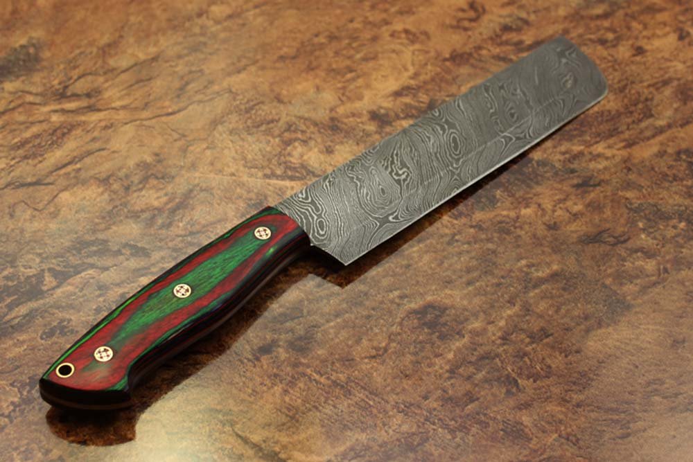 12.5" hand forged Damascus steel Nakiri knife, kitchen knife, vegetable knife, 2 tone Green & Maroon wood scale, Cow hide Leather sheath with belt loop