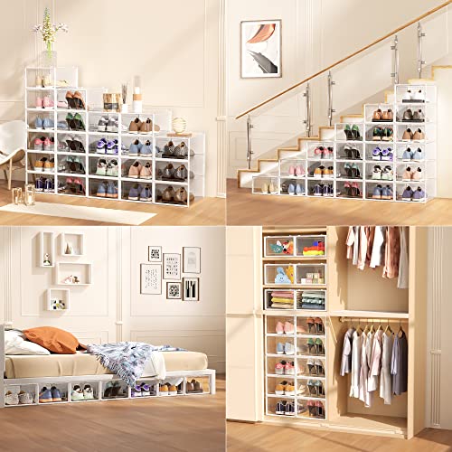12 Pack Large Shoe Organizer Storage Boxes for Closet, Modular Space Saving Shoe Boxes Clear Plastic Stackable Sneaker Containers Display Case with Lids, White