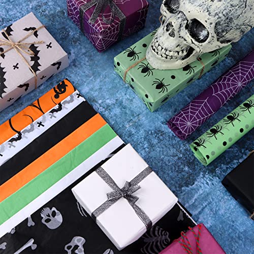100 Sheets Halloween Tissue Paper Black Orange Wrapping Paper Bat Pumpkin Spider Tissue Paper Skull Gift Wrapping Tissue for Birthday Party Gift Bag DIY Crafts