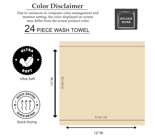 Belizzi Home Ultra Soft Cotton Washcloths, Contains 24 Piece Face Cloths 12x12 inch, Ideal for Everyday use Face Towels, Compact & Lightweight Multi Purpose Washcloths - Tan