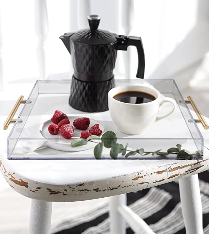 12"x16" Clear Acrylic Serving Tray with Golden Handles, Sturdy Huge Capacity Acrylic Tray for Coffee, Juice, Kitchen and Desk Organizer, Storage Tray (12"x16")