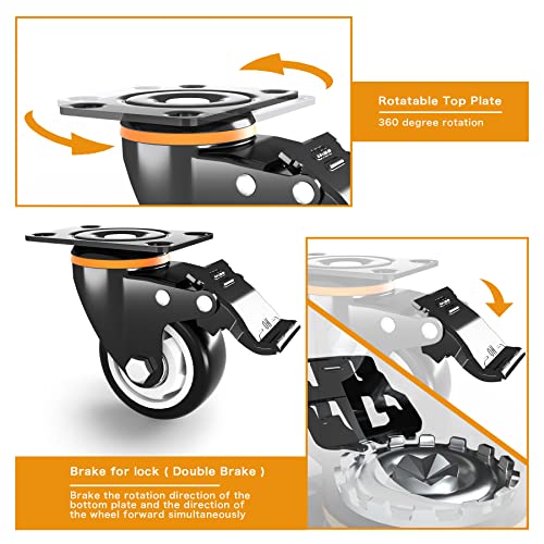 3 Inch Caster Wheels, Heavy Duty 3β Casters Set of 4 with Brake, TONSUM No Noise Polyurethane (PU) Wheels and Safety Dual Locking casters, Swivel Plate Castors (Two Hardware Kits)