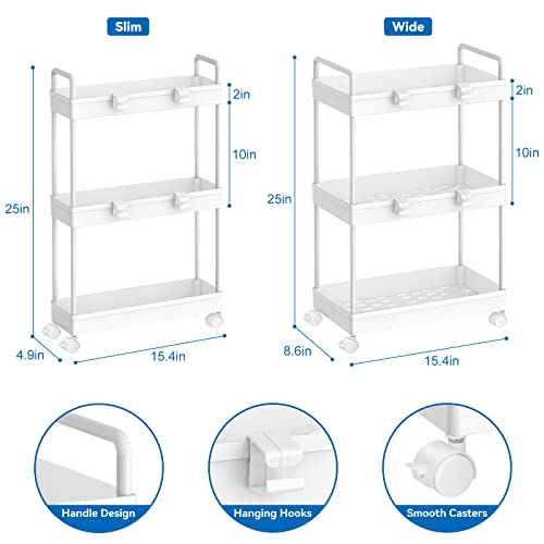 2 Pack 3 Tier Slim Storage Cart, Bathroom Organizer Laundry Room Organization Mobile Shelving Unit Slide Out Rolling Rack with Wheels for Kitchen Garage Office Small Apartment Narrow Space