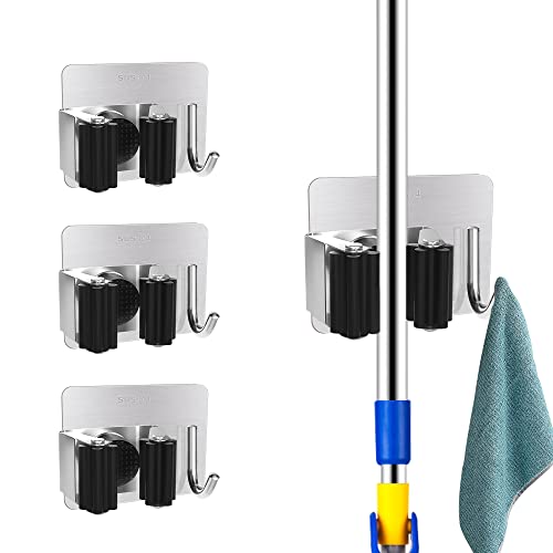 3Pcs Mop & Broom Holder Wall Mount, Broom Holder Self Adhesive Mop Rack Broom Hanger Heavy Duty Broom Storage Tool Organizer for Kitchen, Garage, Garden, Bathroom, Basement, Storage Room