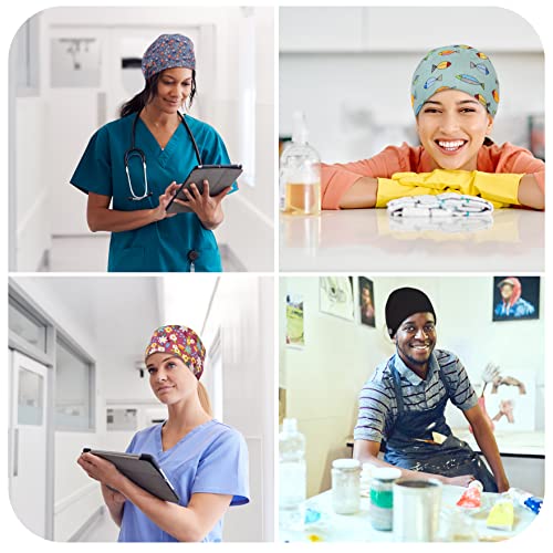 10 Pieces Working Hat with Buttons and Sweatband, Adjustable Bouffant Scrub Caps Women Men Nursing Caps for Nurses (10:5 Printed+5 Solid)