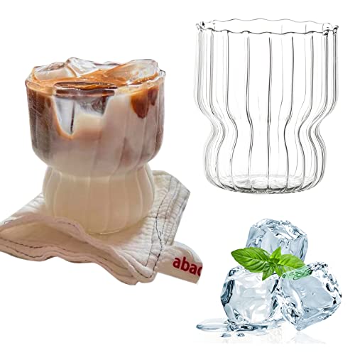 2 Pcs Ripple Drinking Glasses Set - 8.8 oz Modern Kitchen Vintage Wavy Drinking Glasses- Unique Origami Ribbed Glassware For Weddings, Cocktails, Glass Cup Coffee Mug (Ripple)