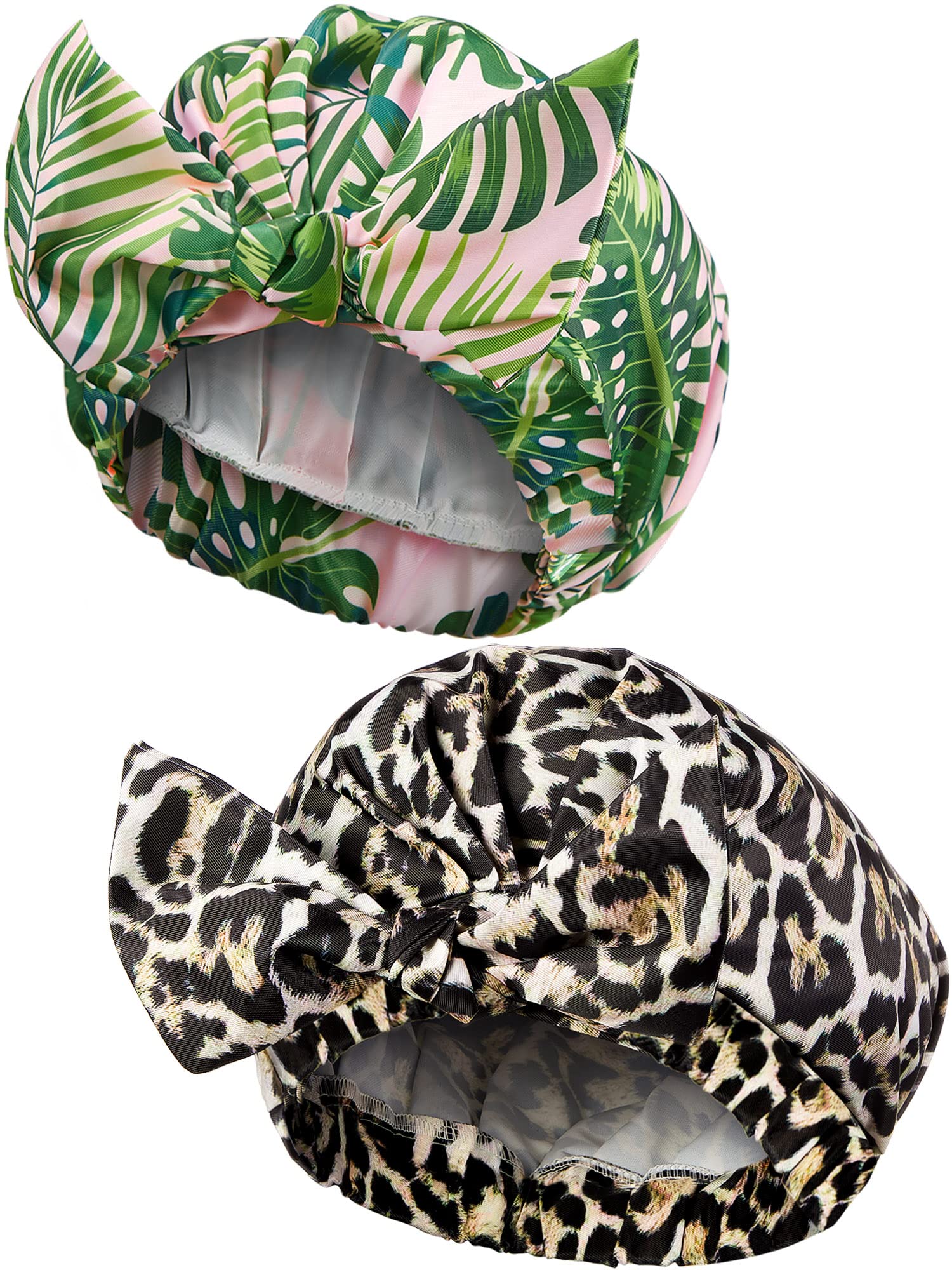2 Pieces Shower Caps for Women, Waterproof Reusable Shower Hair Caps Elastic Hem Shower Bath Caps for Long, Short and Curly Hair for Women Girls (Palm Leaf and Stripe)