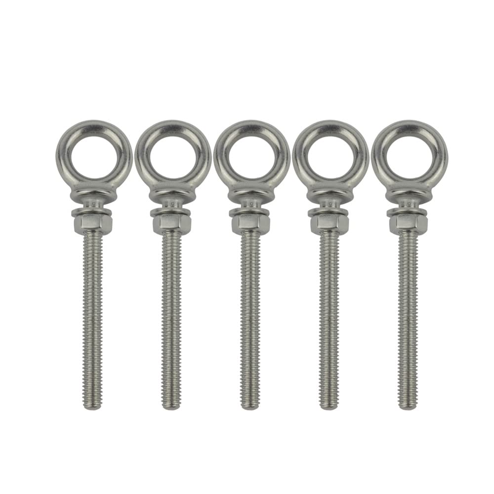 Ayunwei 5 Pcs 316 Stainless Steel Long Shoulder Eye Bolts Heavy Duty Threaded Eyebolts with Nuts (M6)