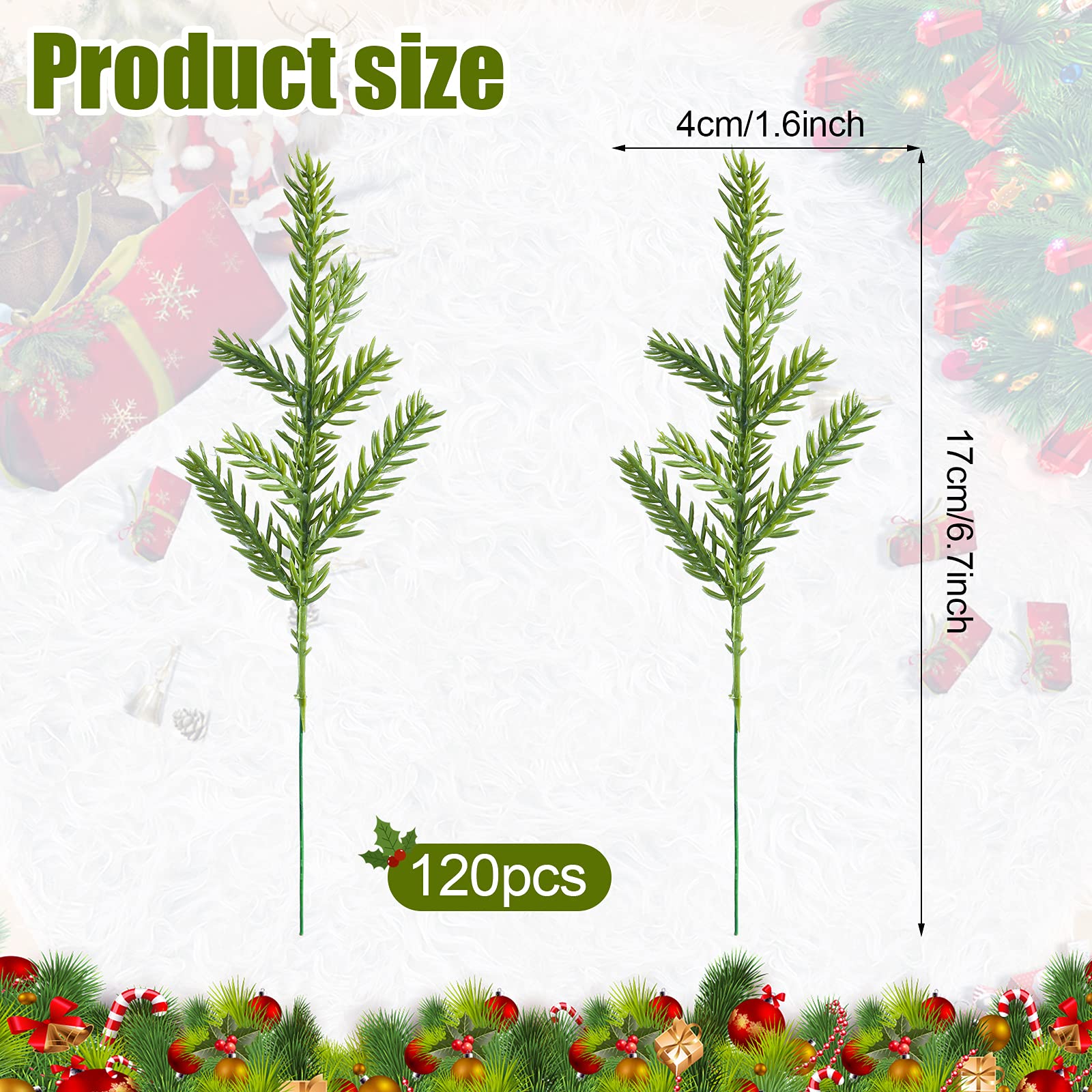 120 Pcs Christmas Artificial Pine Needles Branches 6.7 x 1.6 Inches Fake Pine Branches Greenery Garland Christmas Tree Branches Green Leaves Needle for DIY Crafts Christmas Wreaths Home Garden Decor