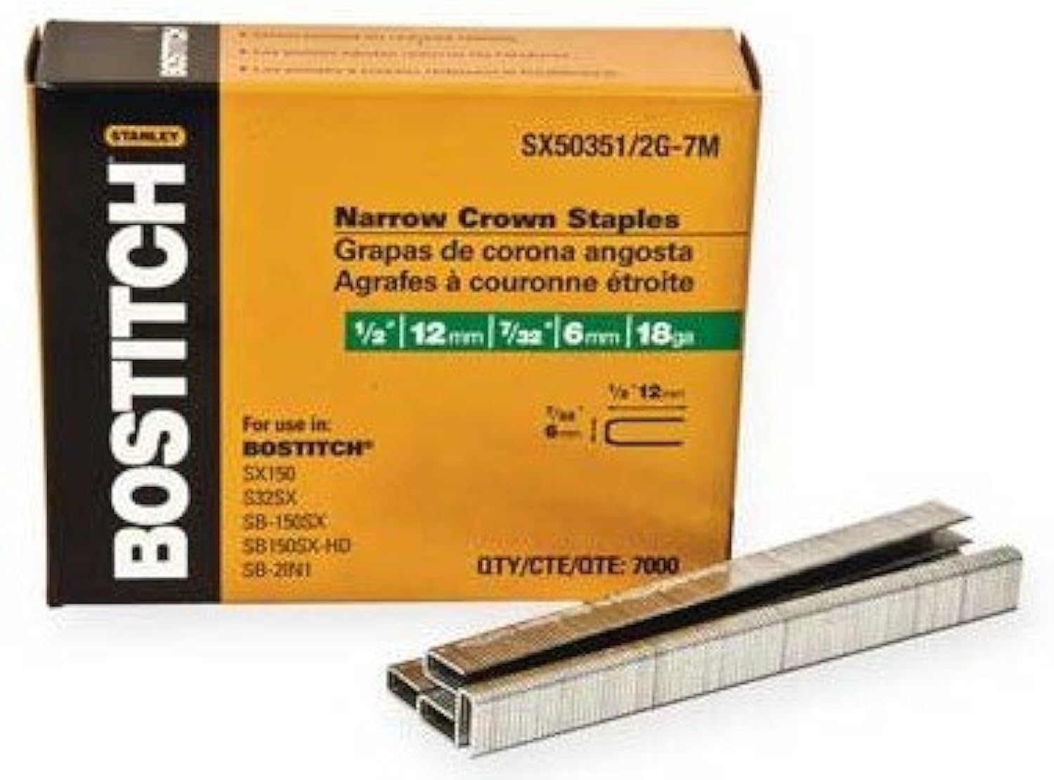 2 Pack Bostitch SX50351/2G-7M 1/2" 18-Gauge 7/32" Narrow Crown Finish Staples - 7000 per Package