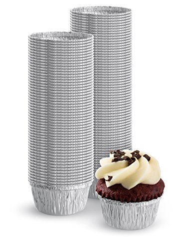 100-Pack Disposable Muffin Cups (4-oz) –With Plastic Lids- Premium Food-Grade Quality Aluminum Cupcake Tip Pan Ramekin Holders – Accommodates Hot/Cold, Cooked & Baked Food –Grease Proof and Stack-able