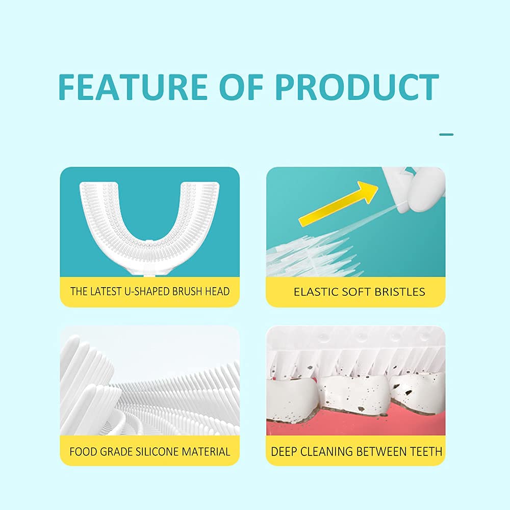 AIXIU Automatic Electric Toothbrush Kids with U Shaped Brushes, 360° Ultrasonic Toothbrush with 2 Different Size Brush Head, IPX7 Waterproof, Three Clearing Modes, for Toddlers Children Age 2-14