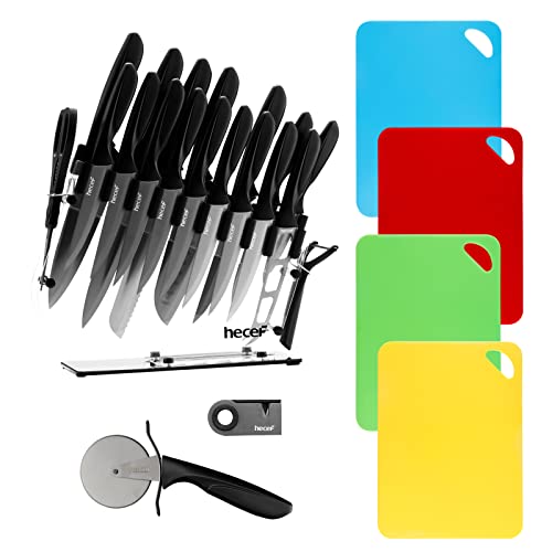 hecef 25 pcs Kitchen Knife Set with Block - 8 Cooking Knives, 8 Serrated Steak Knives, 4 Cutting Mats, Pizza Wheel, Scissors, Peeler, Knife Sharpener & Acrylic Stand (Gray Titanium)