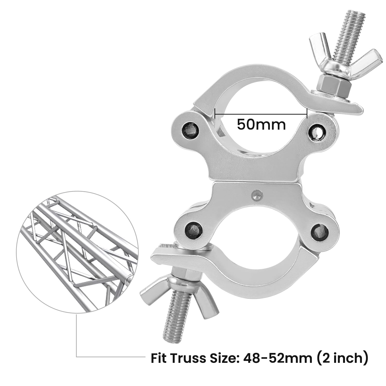 2 Inch Pro-Swivel Truss Clamp TUV, 2 Pack Eyeshot Heavy Duty 1100lb Swivel Coupler Truss Clamps, Dual Head Turn As Needed Two 360 Degree Lighting Clamps, Fit Pipe/Truss OD 48-52mm