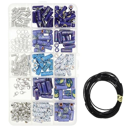 100 PCs of Blue Porcelain Beads for Jewelry Making DIY Kit with 5 Meters Leather