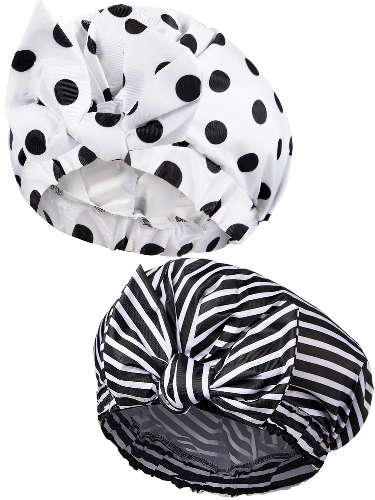 2 Pieces Shower Caps for Women, Waterproof Reusable Shower Hair Caps Elastic Hem Shower Bath Caps for Long, Short and Curly Hair for Women Girls (Black Dot and Stripe)