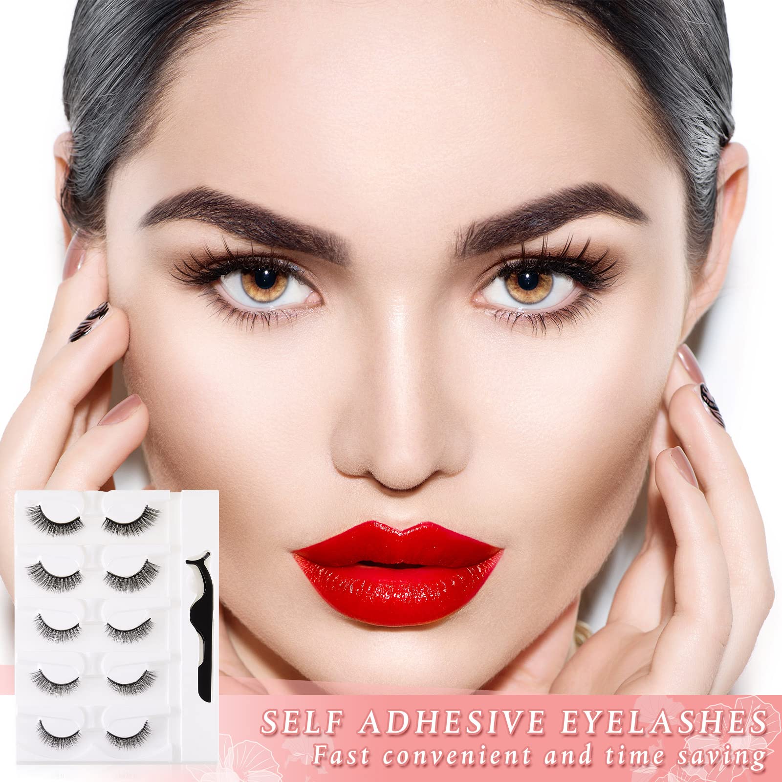 10 Pairs Self Adhesive Eyelashes Stable Non Slip False Lashes Waterproof Faux Reusable Eyelashes Dramatic No Glue Eyelashes Fluffy Stick on Eyelashes Mink Eyelashes Fake Eyelashes with Eyelash Tweezer
