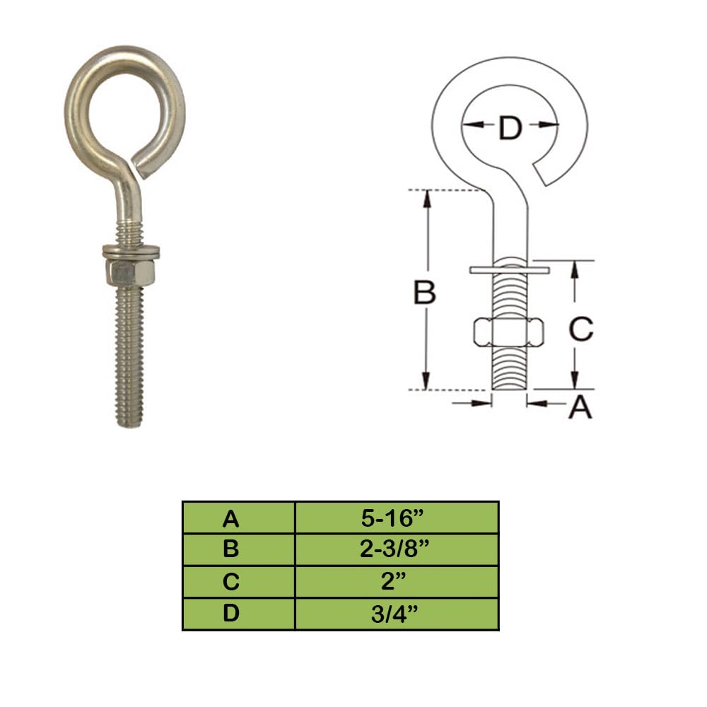 10 Pieces Fully Threaded 5/16 Inch x 2 Inch Stainless Steel Marine Turned Eye Bolt Nut and Washers
